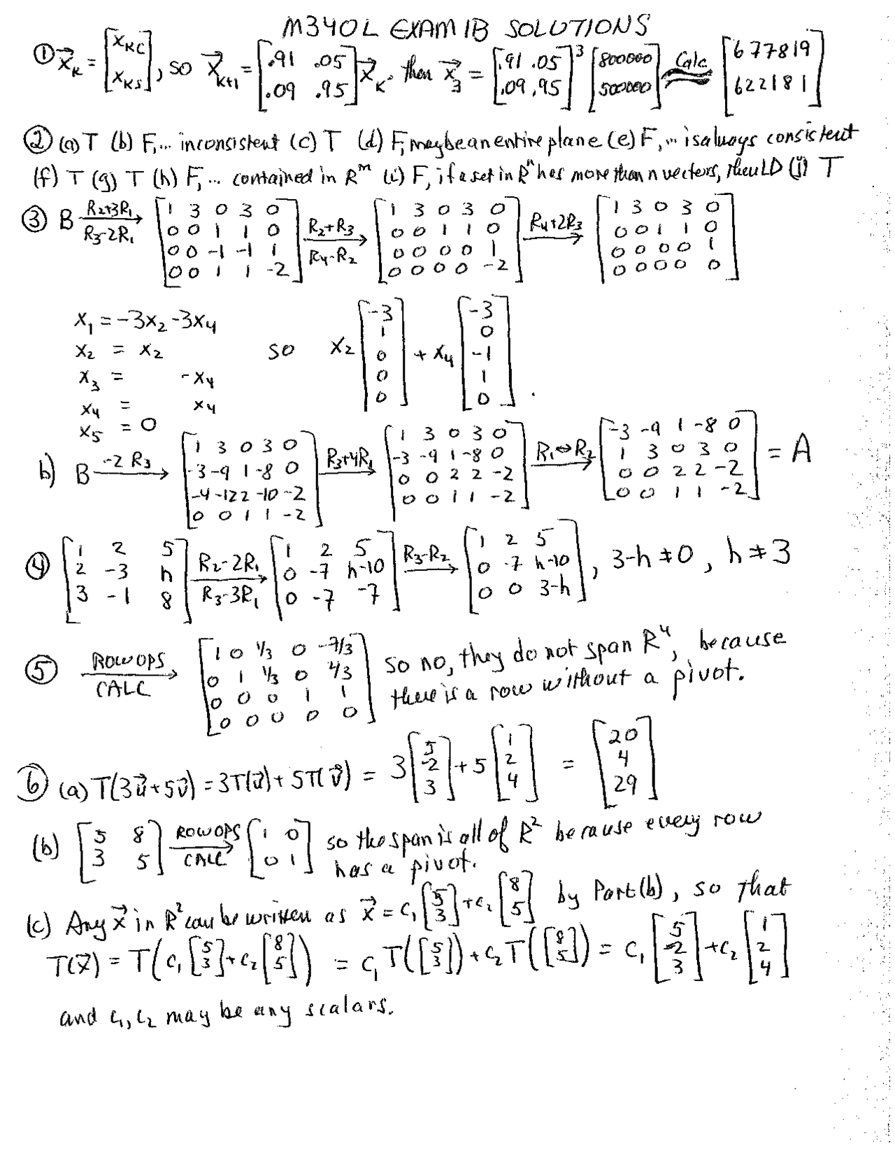 Exam 1b Solutions For Matrices And Matrix Calculations M 340l Docsity