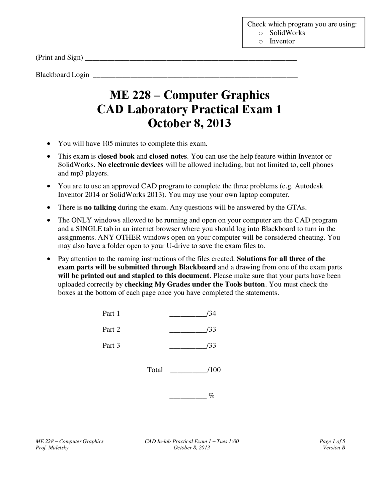 CAD Laboratory Practical Exam 1 | Computer Graphics | ME 228 - Docsity
