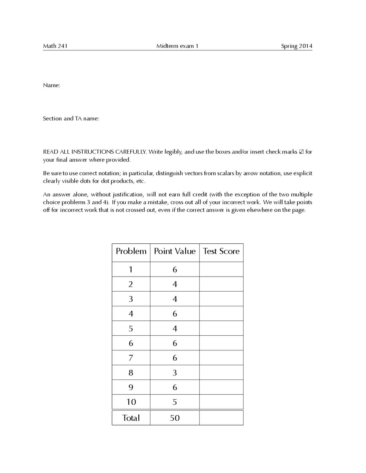 Midterm Exam 1 Solved Calculus Iii Spring 2014 Math 241 Docsity