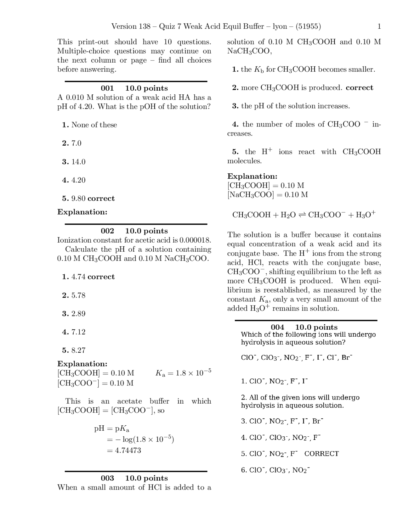 Weak Acid Equilibrium Buffer Solution Quiz 7 Ch 204 Docsity