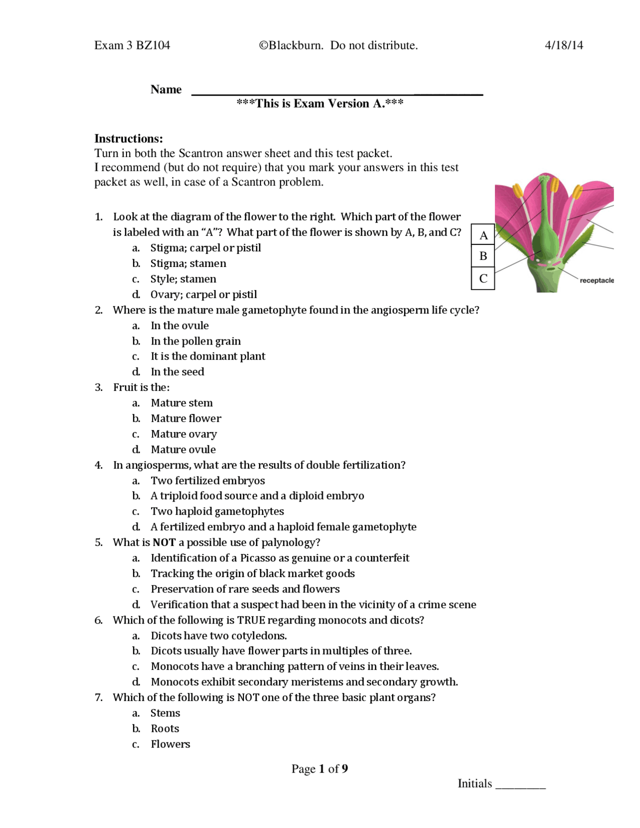 Practice Exam 3 - Basic Concepts of Plant Life | BZ 104 | Exams Botany ...