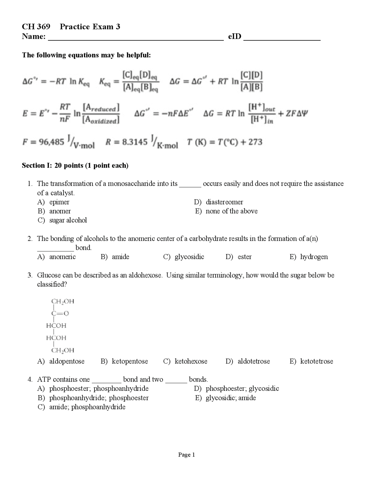 Practice Questions For Exam 3 Fundamentals Of Biochemistry Ch 369