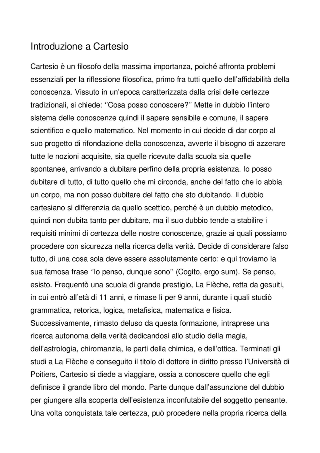 Cartesio Riassunti Di Filosofia Docsity