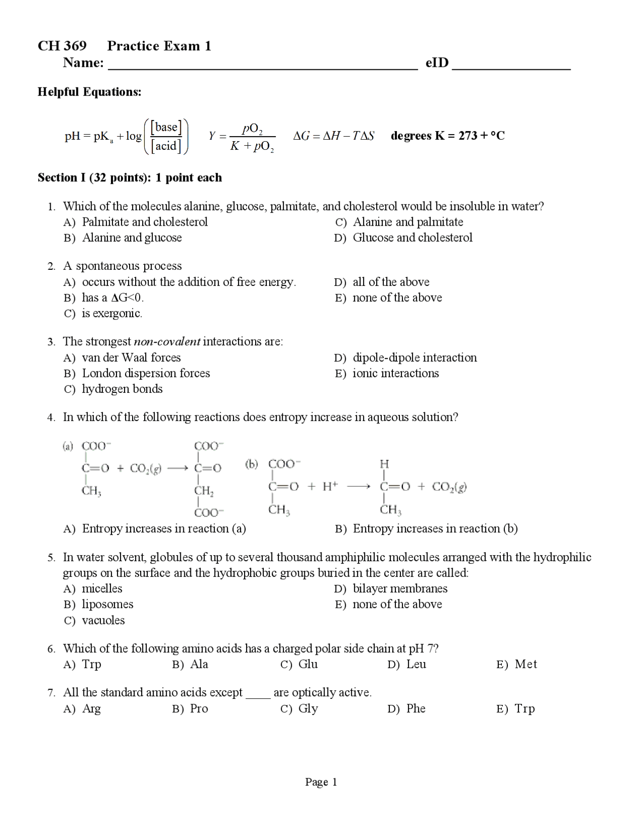 Practice Exam 1 Questions - Fundamental of Biochemistry | CH 369 - Docsity
