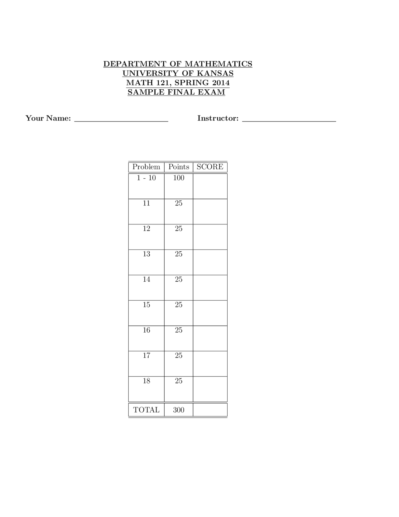 Sample Final Exam Calculus I Math 121 Docsity