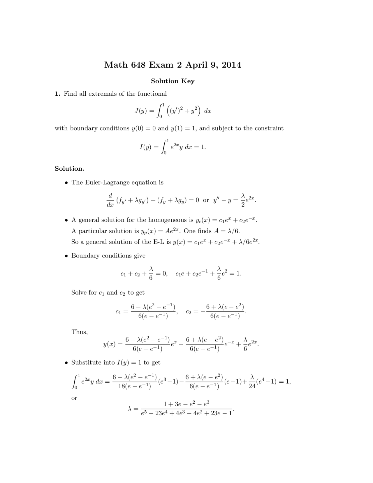 4 Solved Problems On Calculus Of Variations And Integral Exam 2