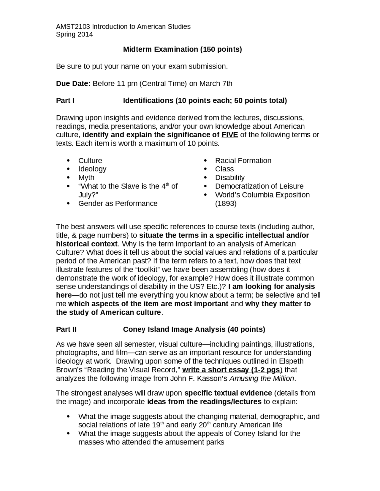 Midterm Exam - Introduction to American Studies | AMST 2103 | Exams ...