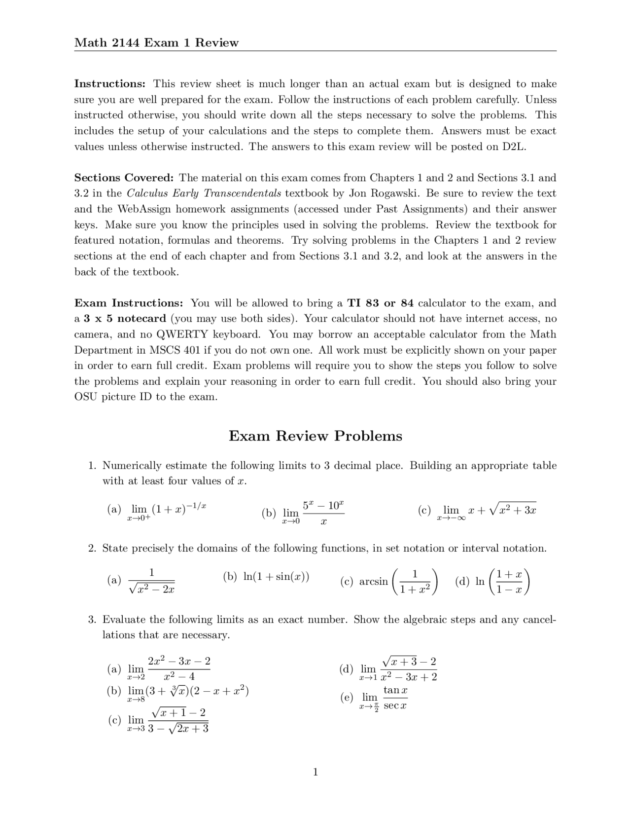 Exam 1 Review Problems - Calculus I | MATH 2144 - Docsity