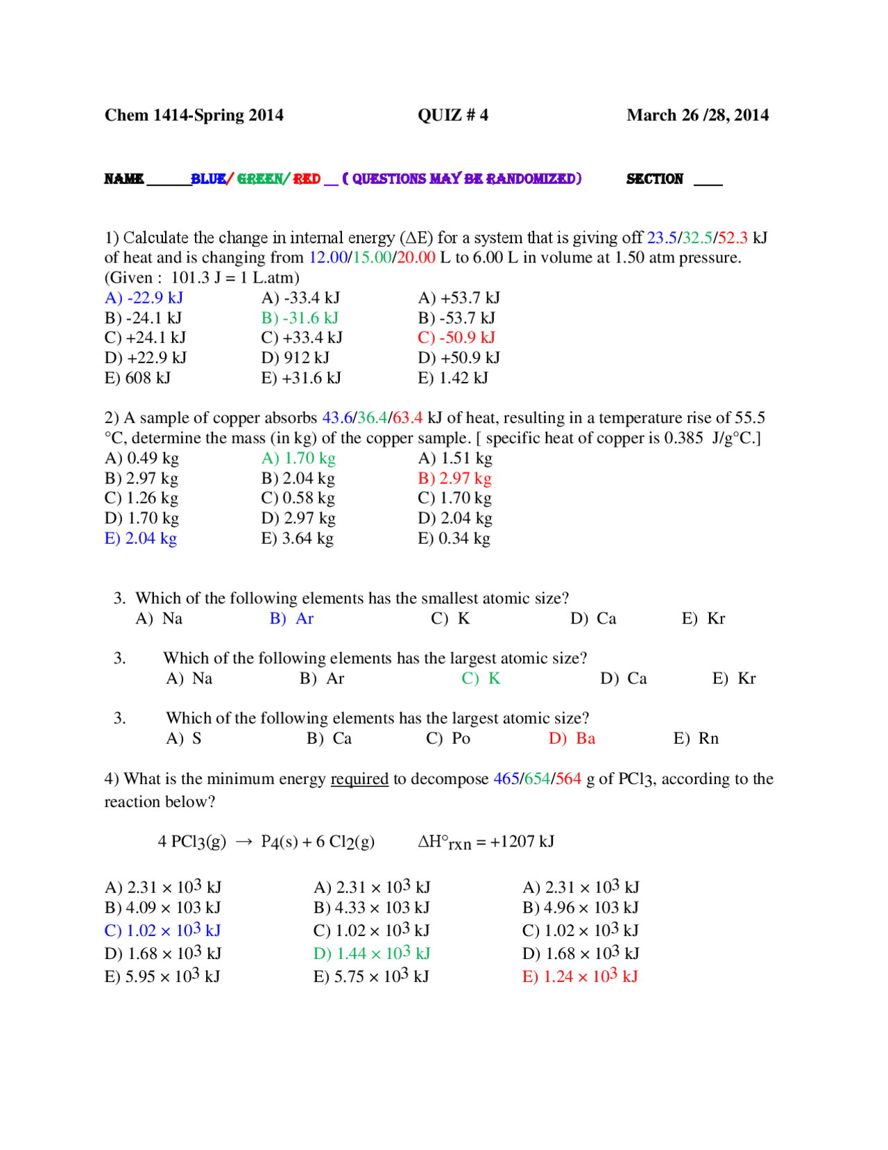 Quiz 4 with Answers | General Chemistry for Engineers | CHEM 1414 | Quizzes Chemistry | Docsity