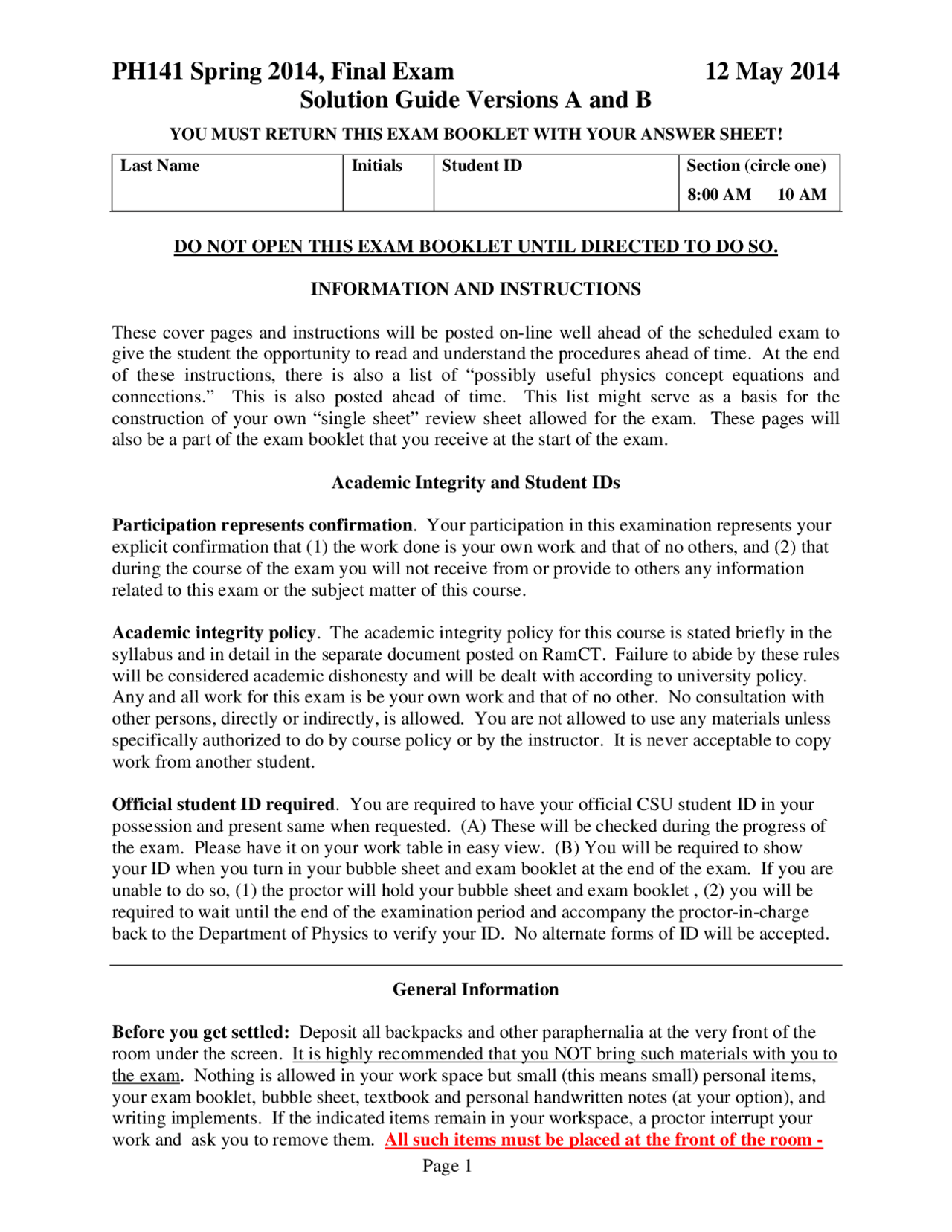 Final Exam With Solutions Physics For Scientists And Engineers I Ph