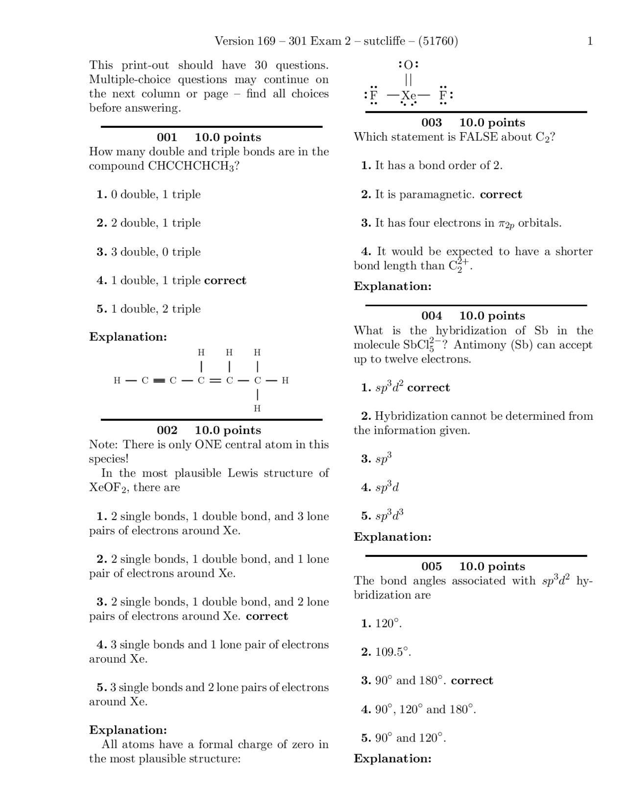 Solved Questions For Exam 2 Principles Of General Chemistry Ch 301
