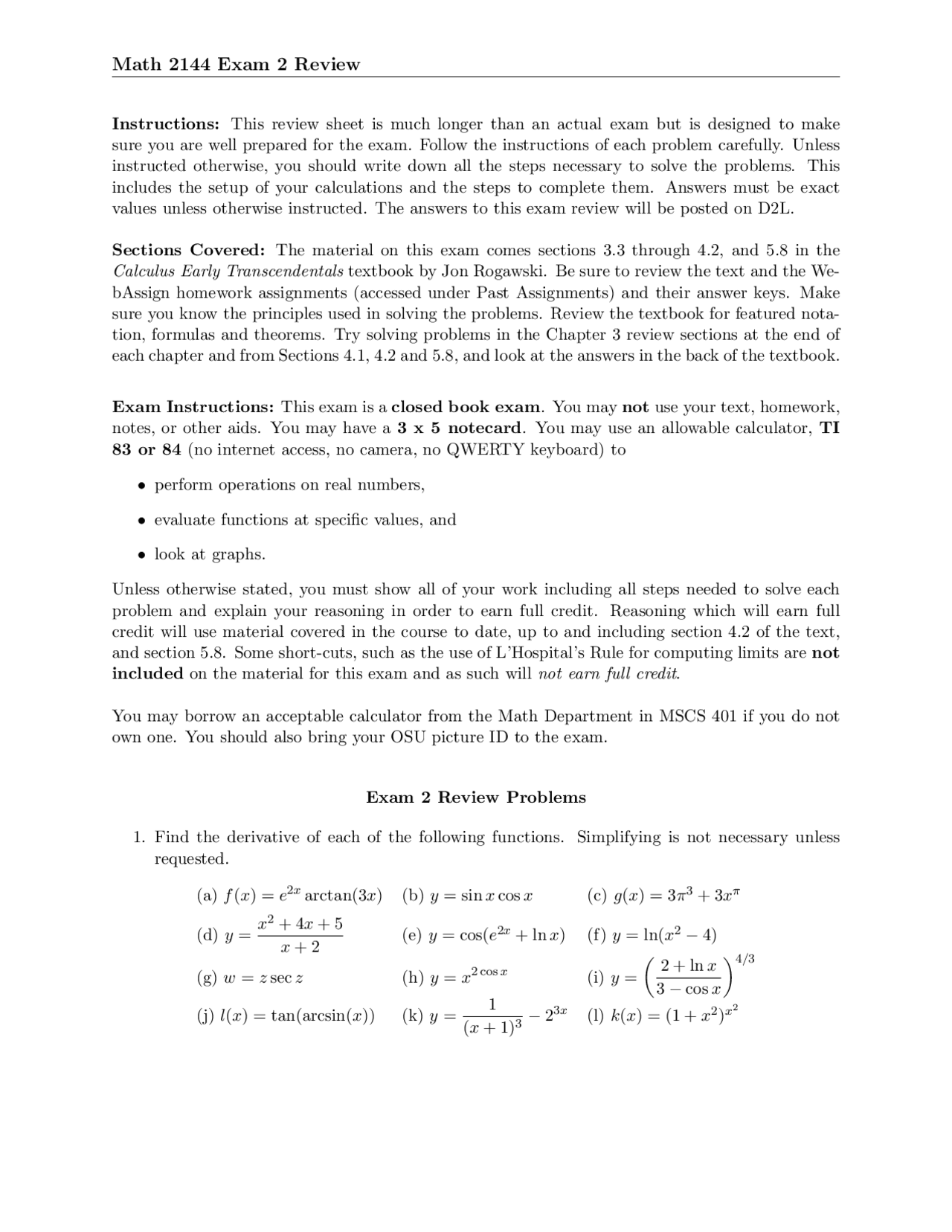 23 Problems On Calculus I Exam 2 Review Math 2144 Docsity