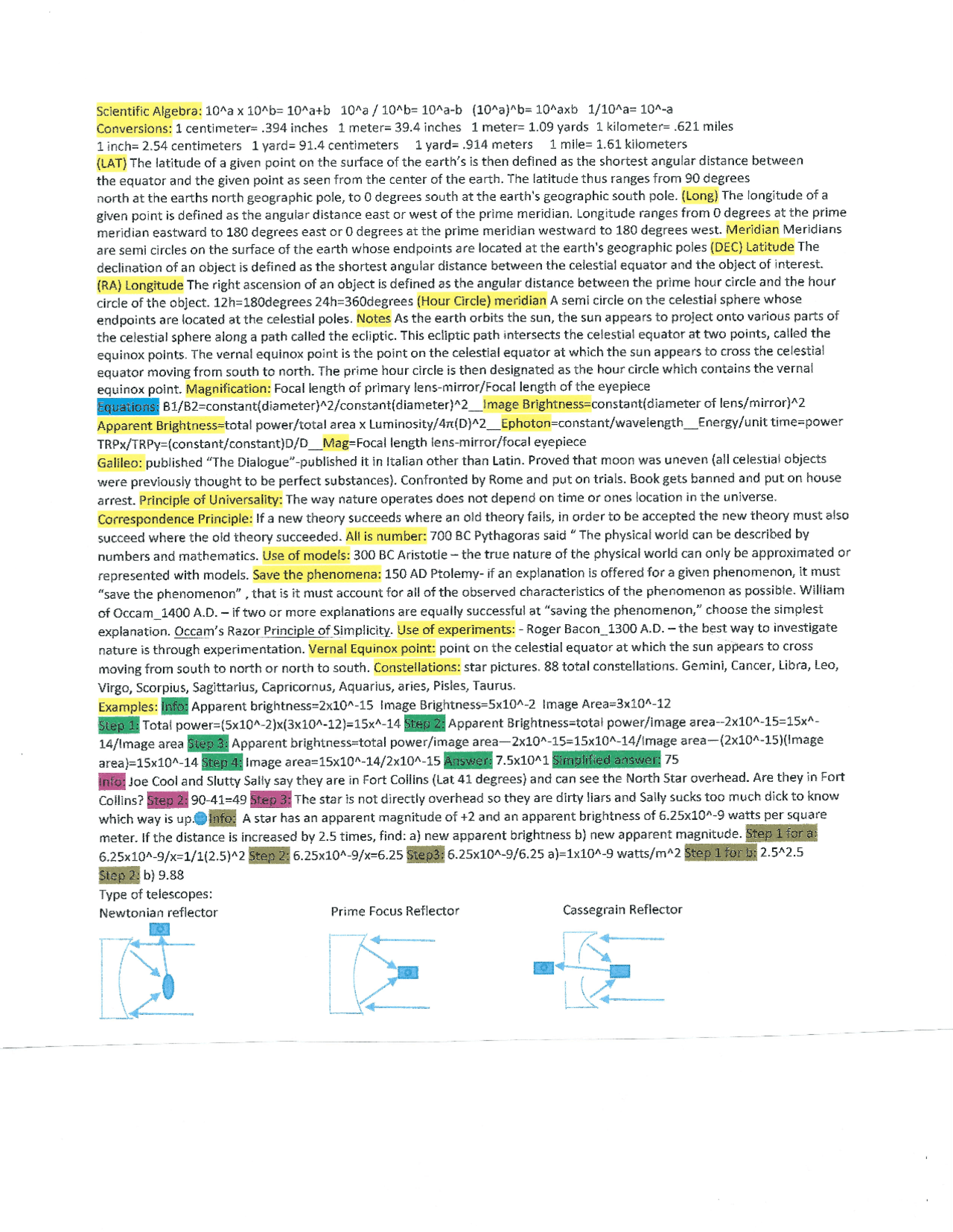 Exam 1 Cheat Sheet for Introduction to Astronomy | AA 100 - Docsity
