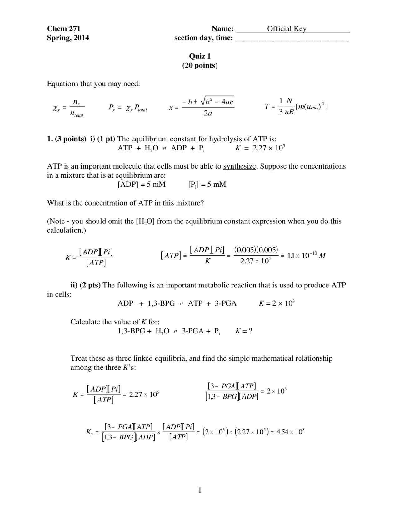 Quiz 1 Solution Key Chemistry Fundamentals Ii Chem 271 Docsity