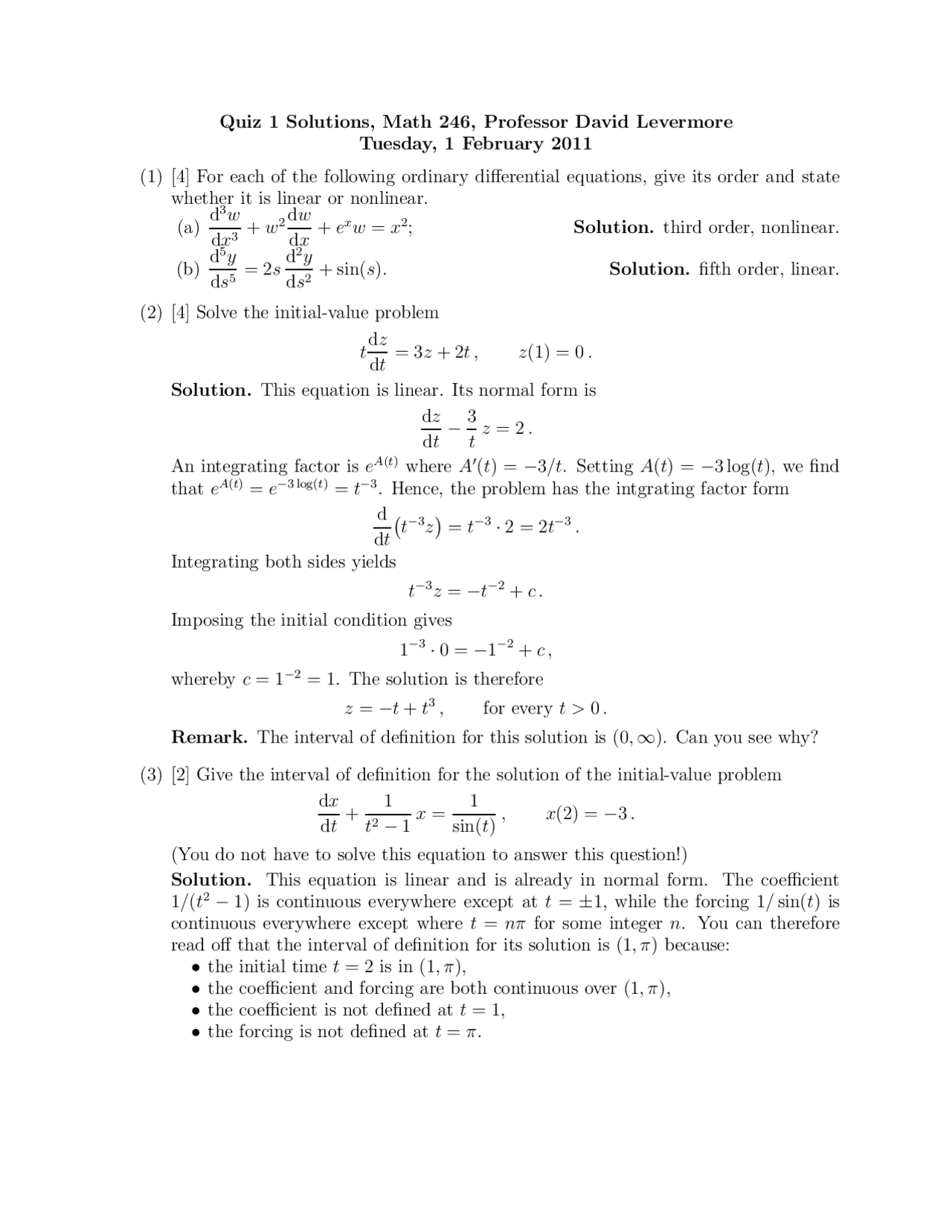 Quiz 1 Solutions Differential Equations For Science And Engineers