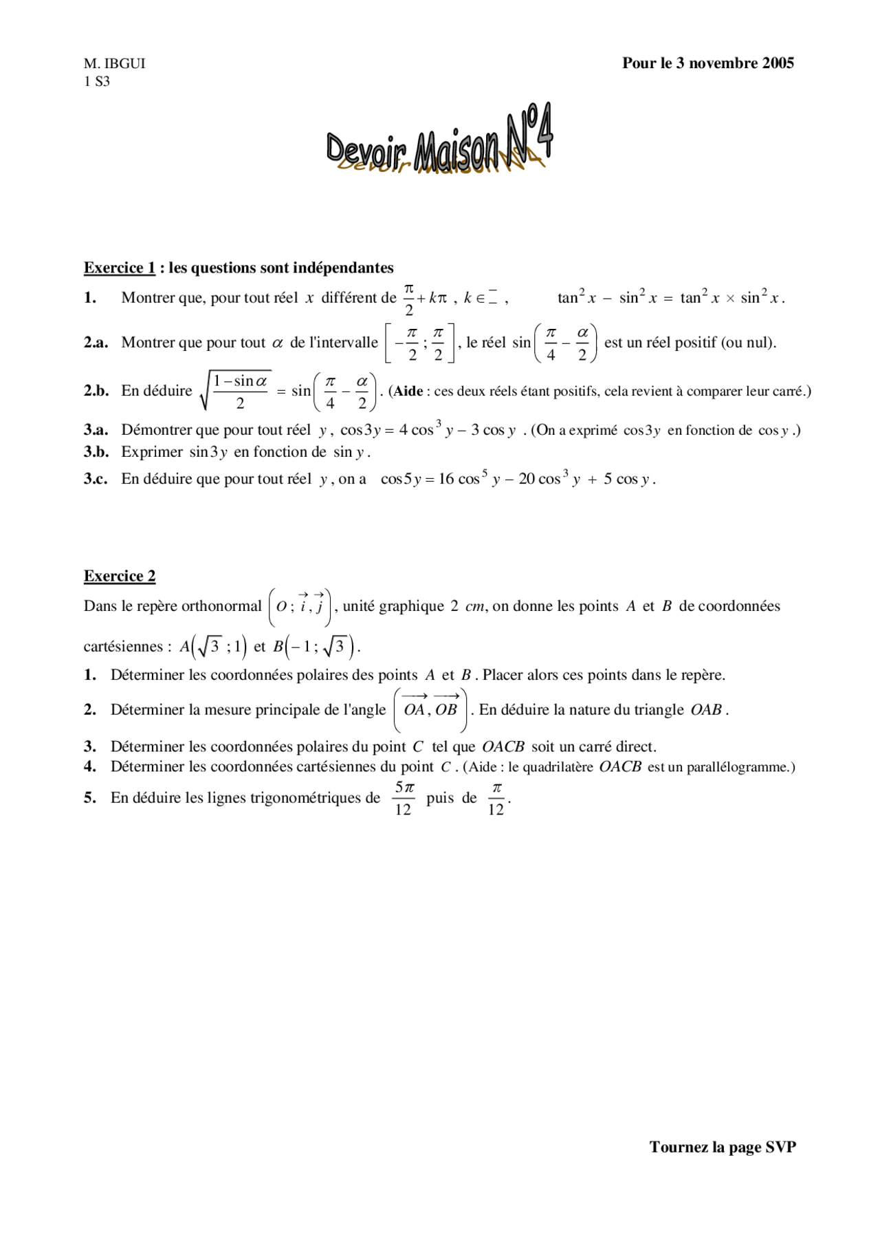 Exercices De Sciences Mathématiques 4 Docsity