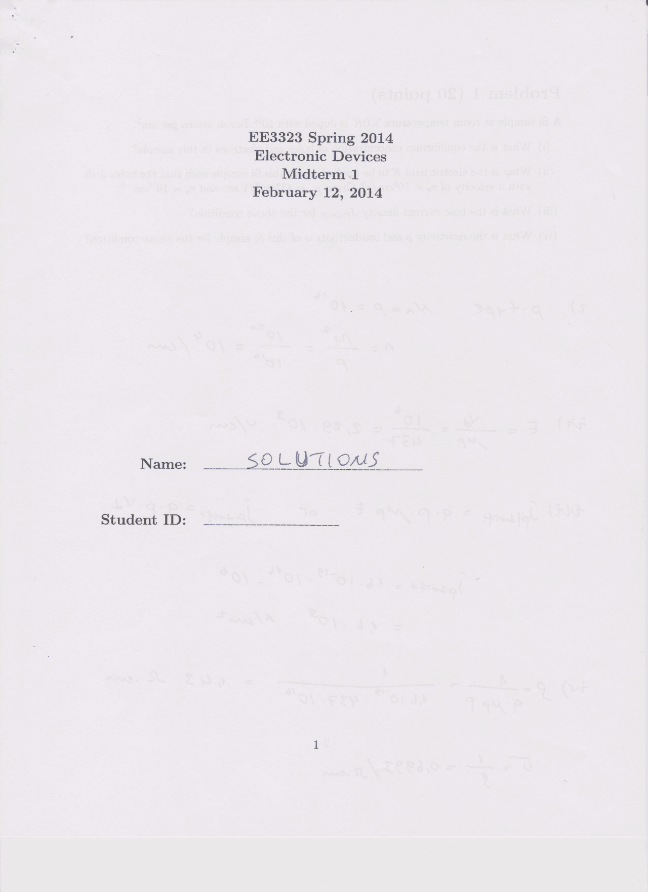 Midterm Exam 1 With Solution Electronic Devices Ee 3323 Exams