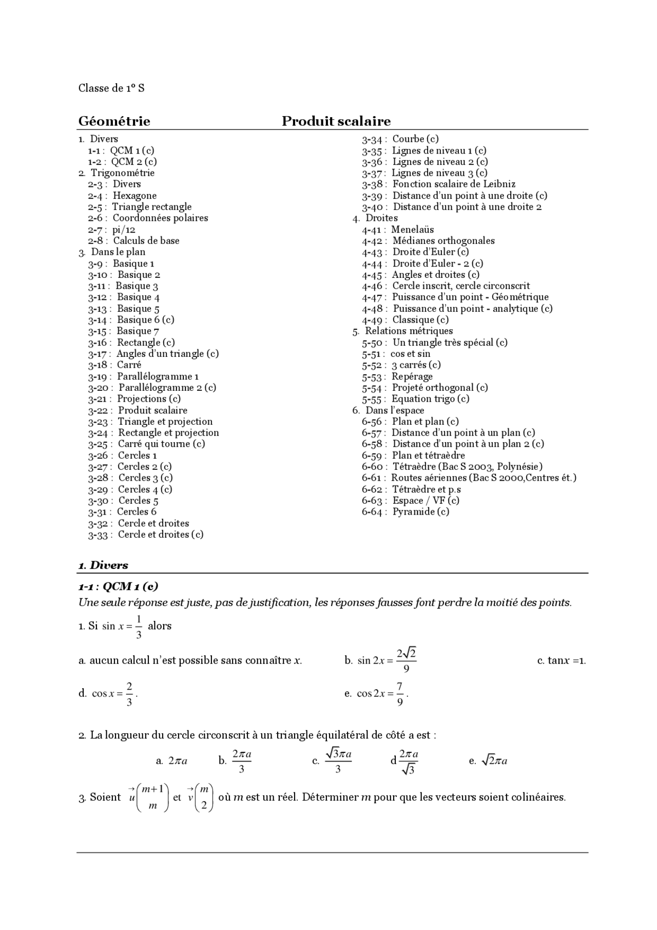 Exercices Produit Scalaire 1° Partie Docsity