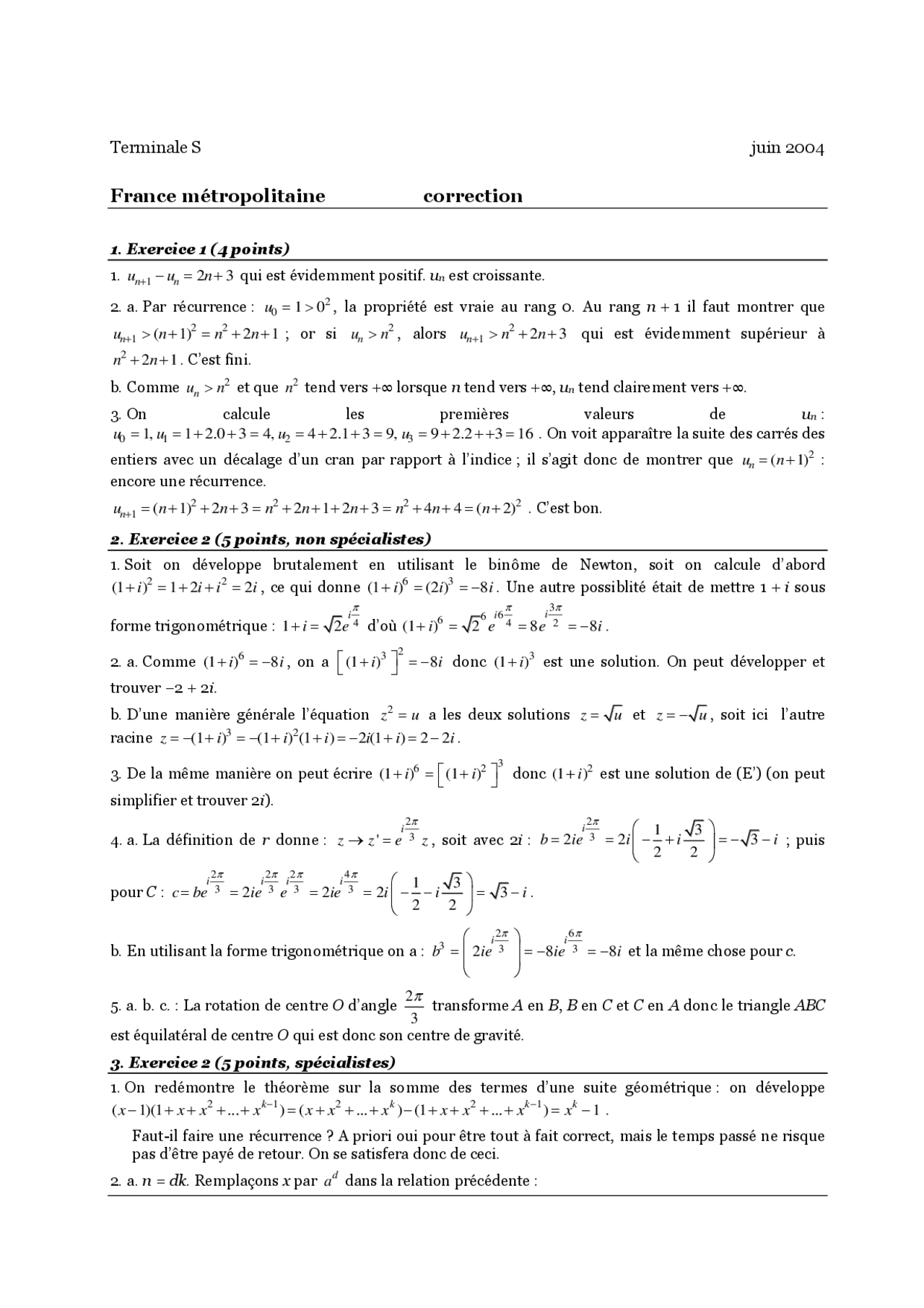Contrôle de mathématique - France métropolitaine - correction - Docsity