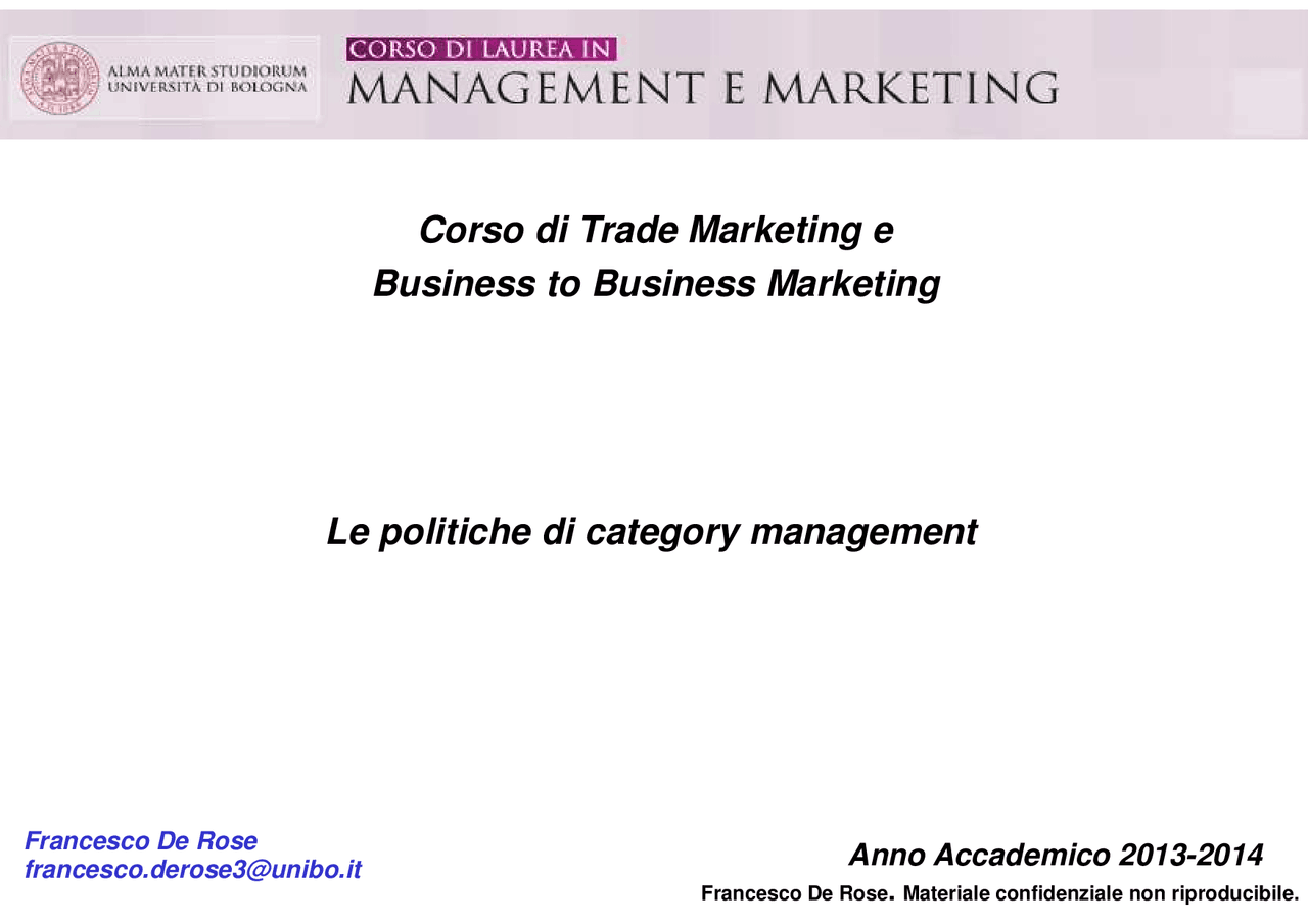 Lez 12b - Le politiche di category management | Appunti di Marketing | Docsity