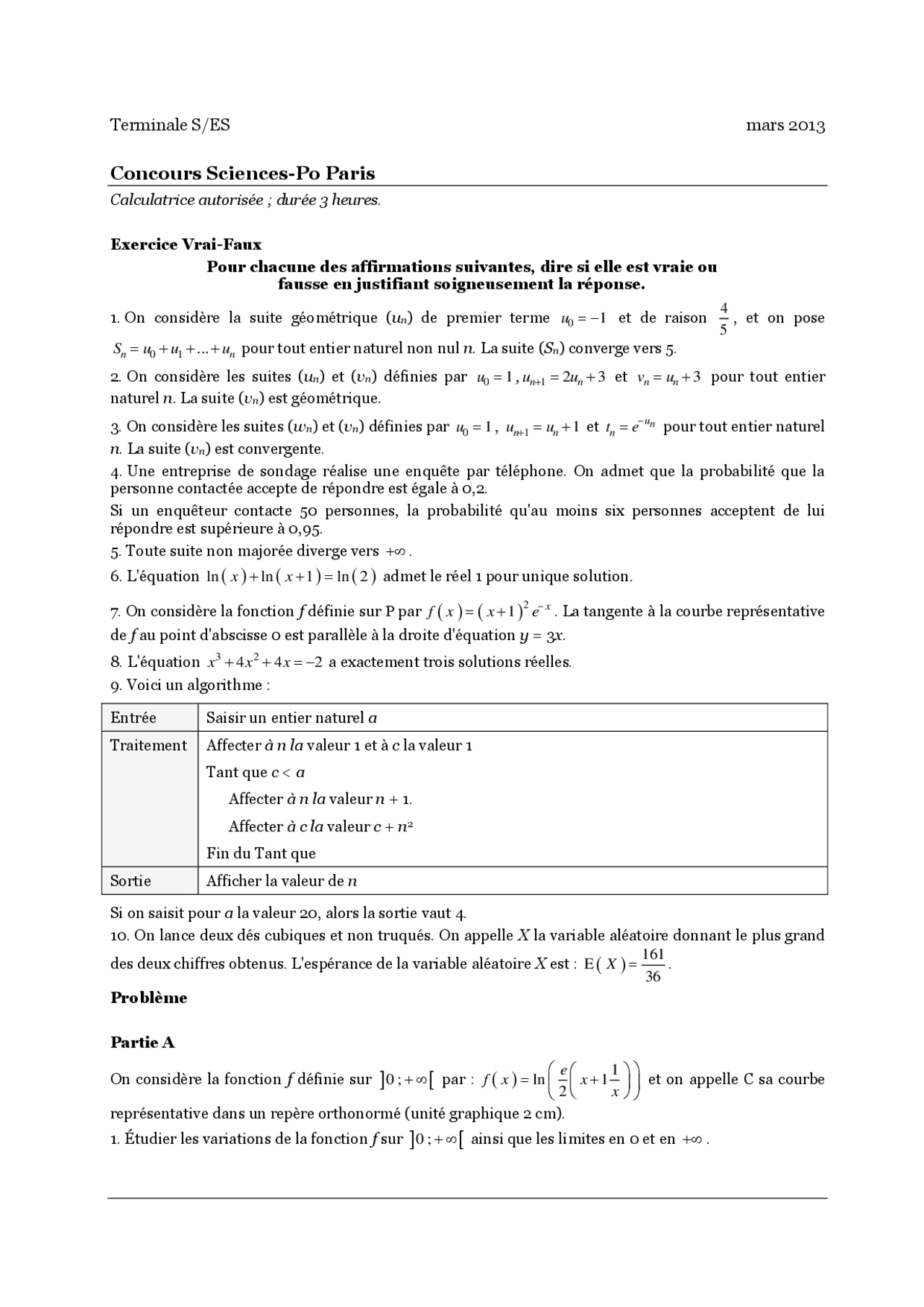 Sciences Statistiques Contrôle 10 Docsity