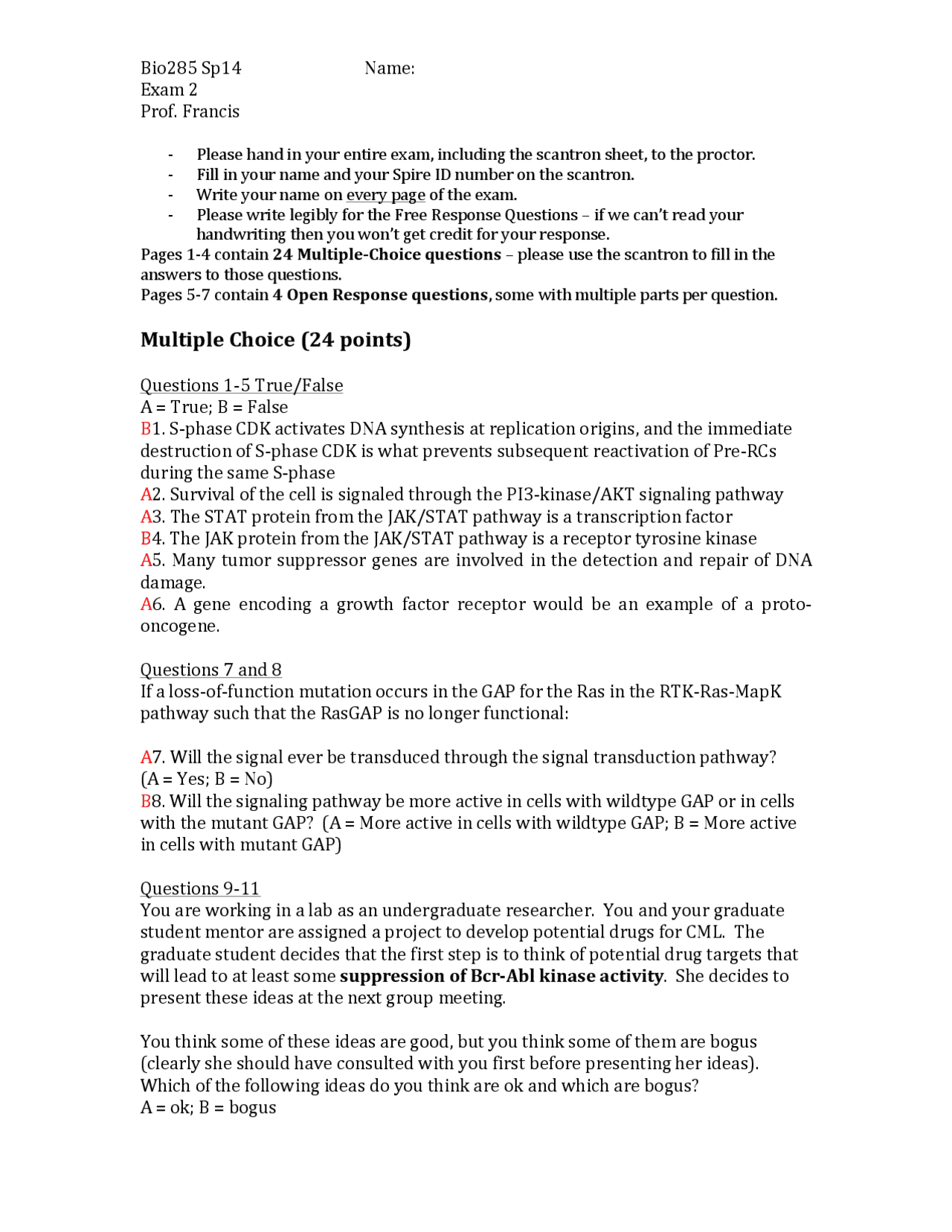 Examination II Practice Problems on Cellular and Molecular Biology ...