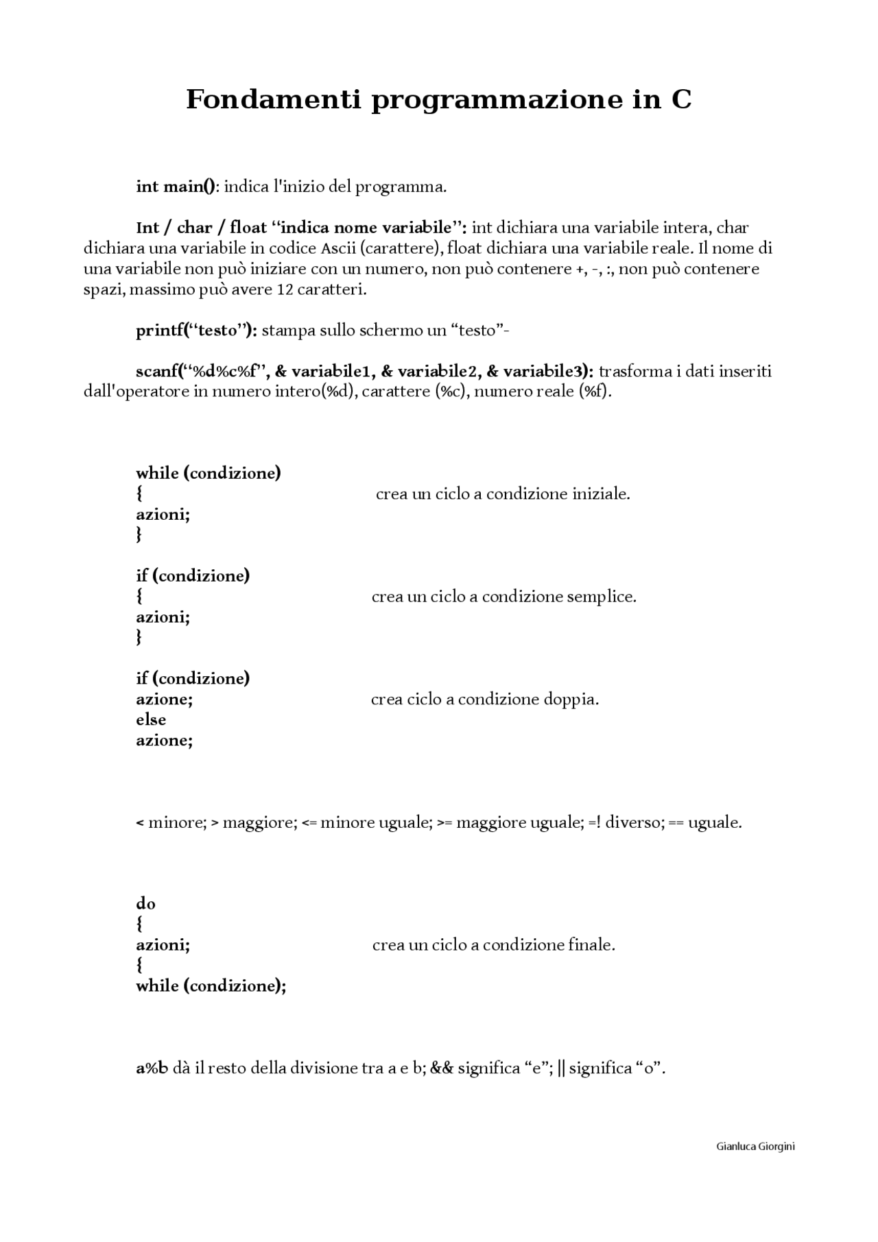 Appunti di Informatica sul Linguaggio C - 1 | Appunti di Elementi di Informatica | Docsity