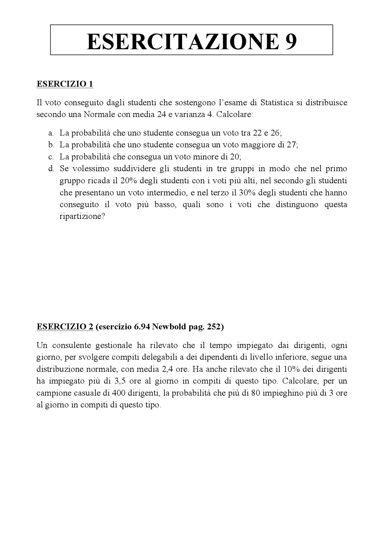 Esercitazione 9 Prof Cannas Statistica Cagliari Docsity