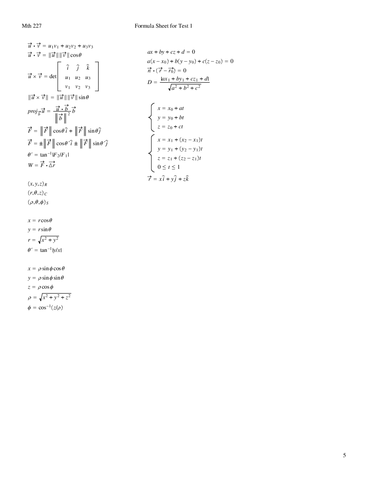 Formula Sheet for Test 1 - Calculus III | MTH 227 | Study notes ...