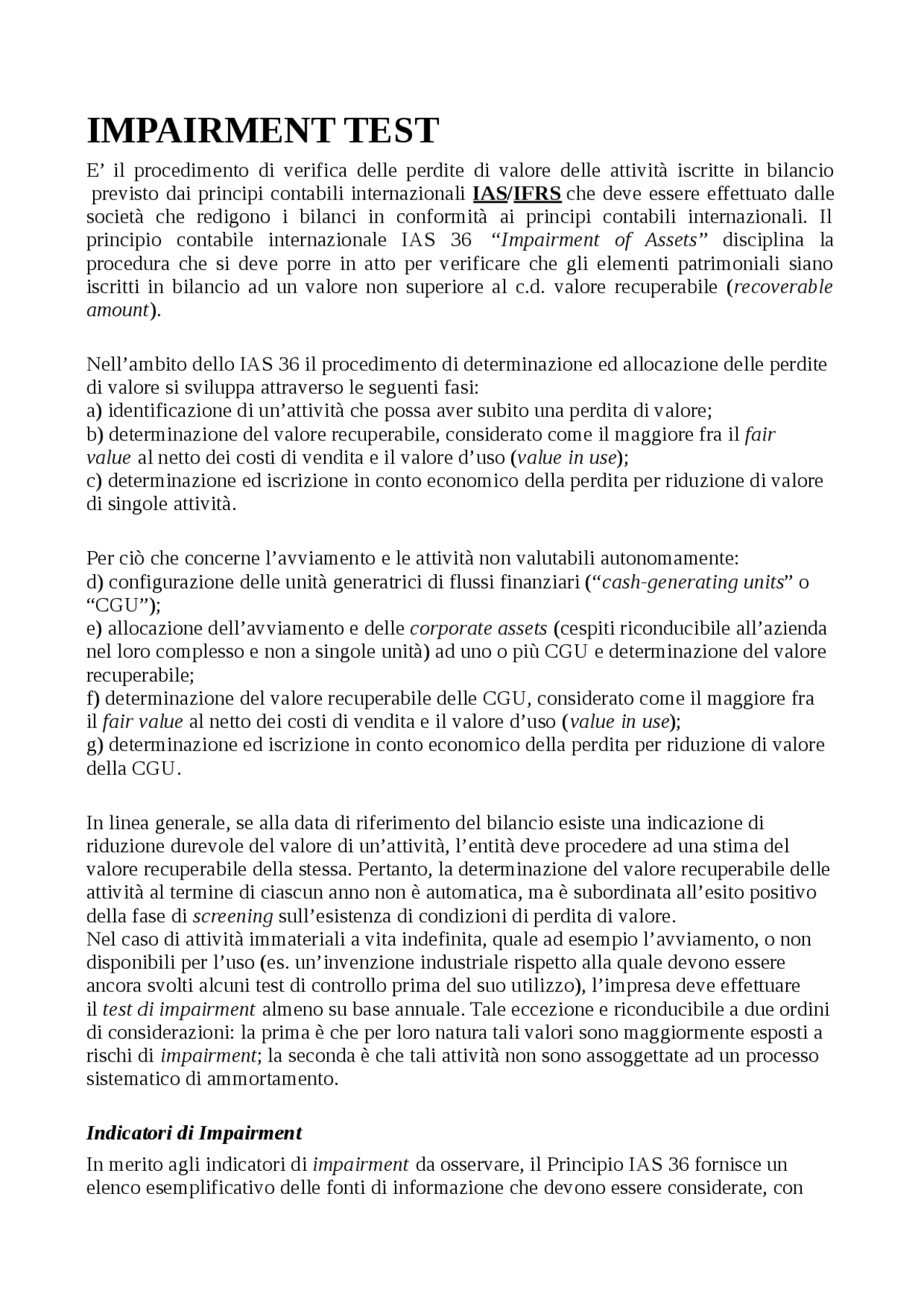 IMPAIRMENT TEST | Appunti di Economia Aziendale | Docsity