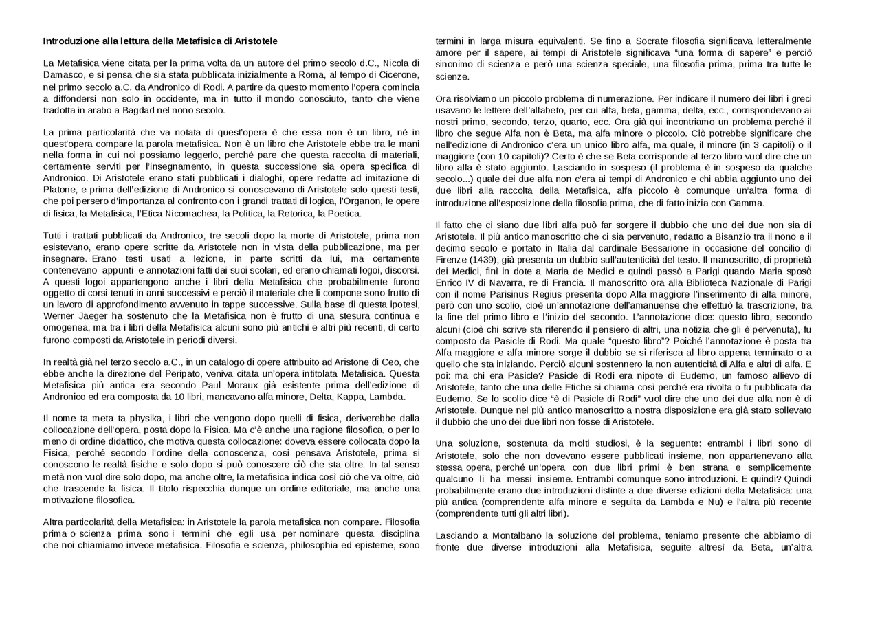 Introduzione Alla Lettura Della Metafisica Di Aristotele Docsity