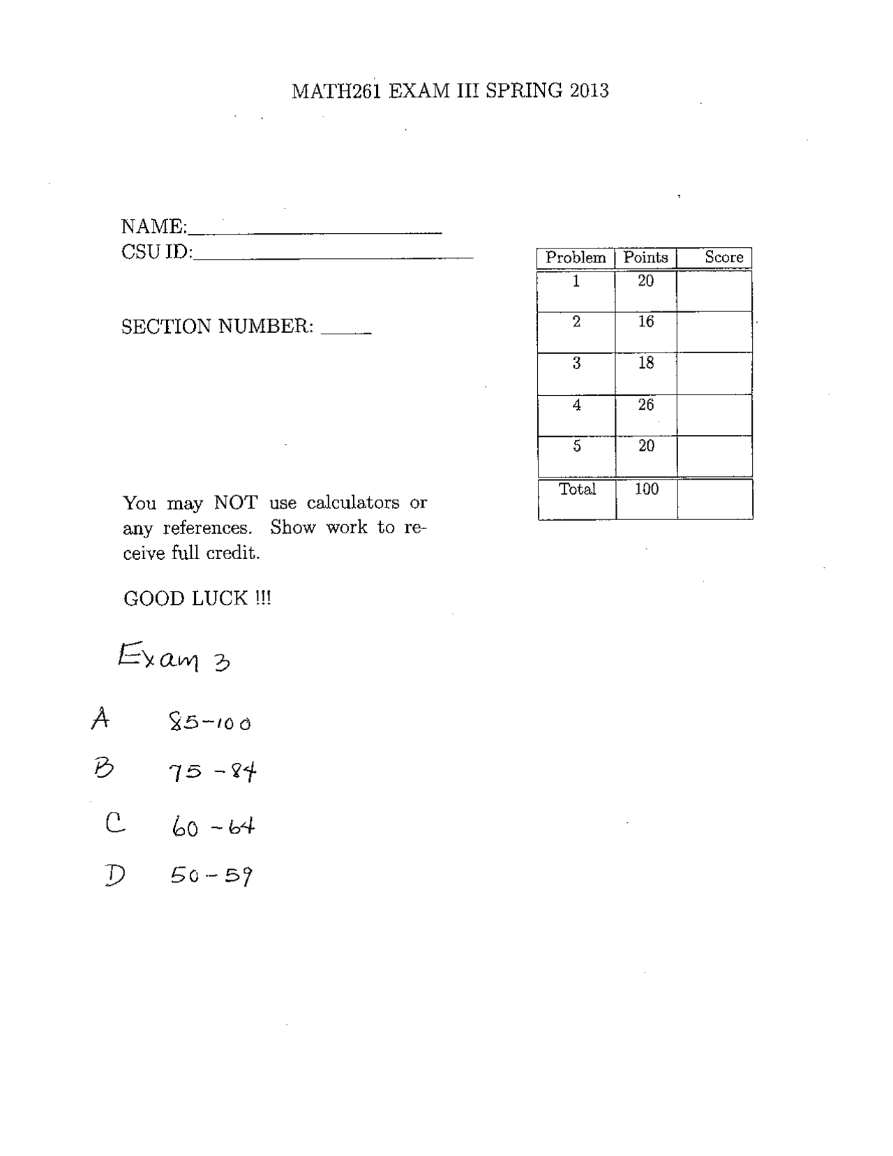 Exam 3 Calculus For Physical Scientists Iii Spring 2013 Math 261