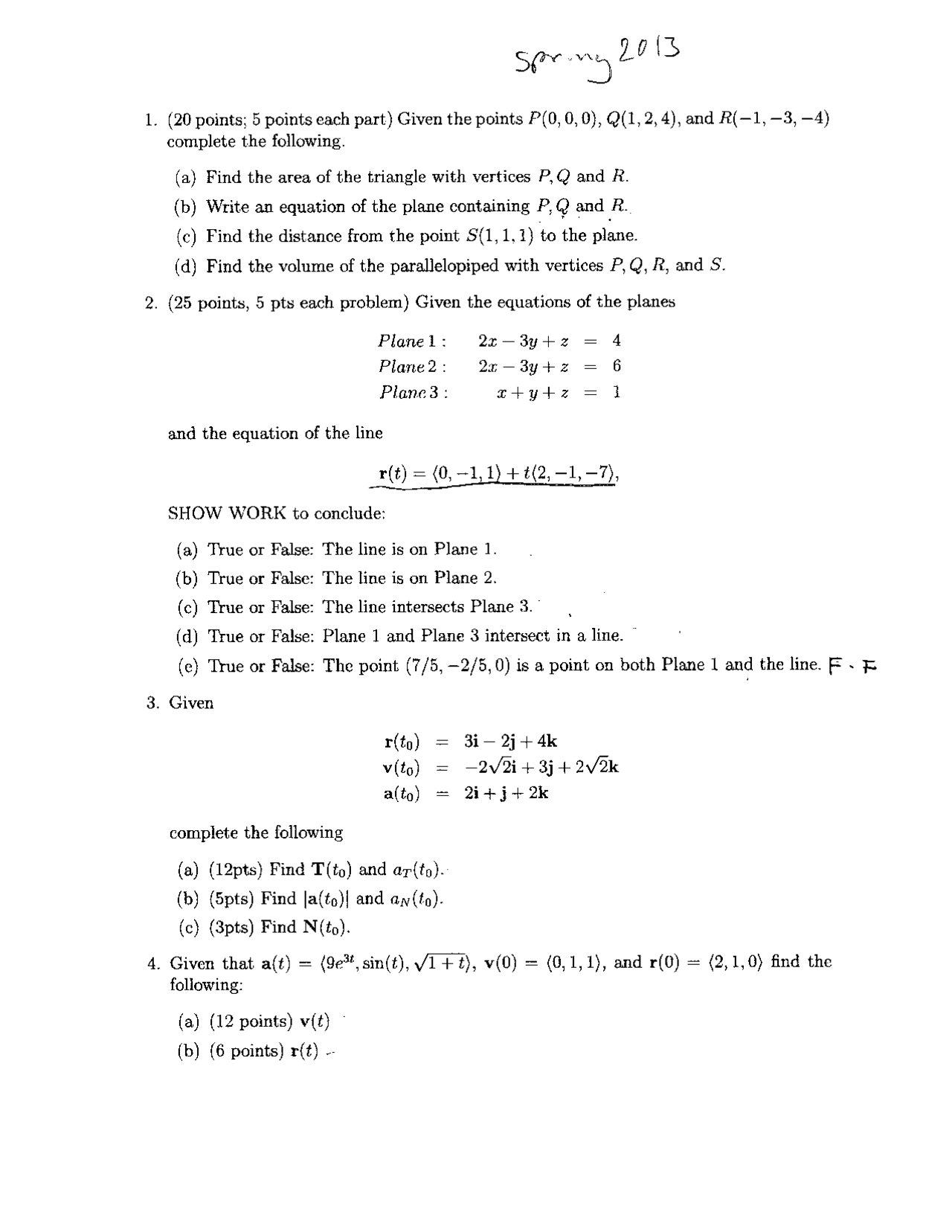 6 Questions Exam 1 Calculus For Physical Scientists Iii Math 261