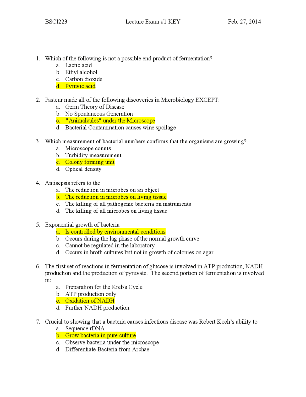 General Microbiology Solved Exam 1 Fall 2014 Bsci 223 Docsity