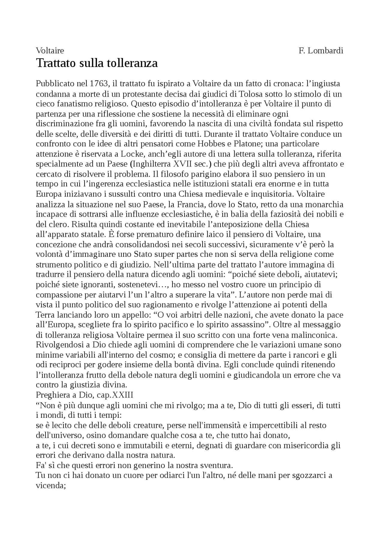 Trattato sulla tolleranza-Voltaire - Docsity
