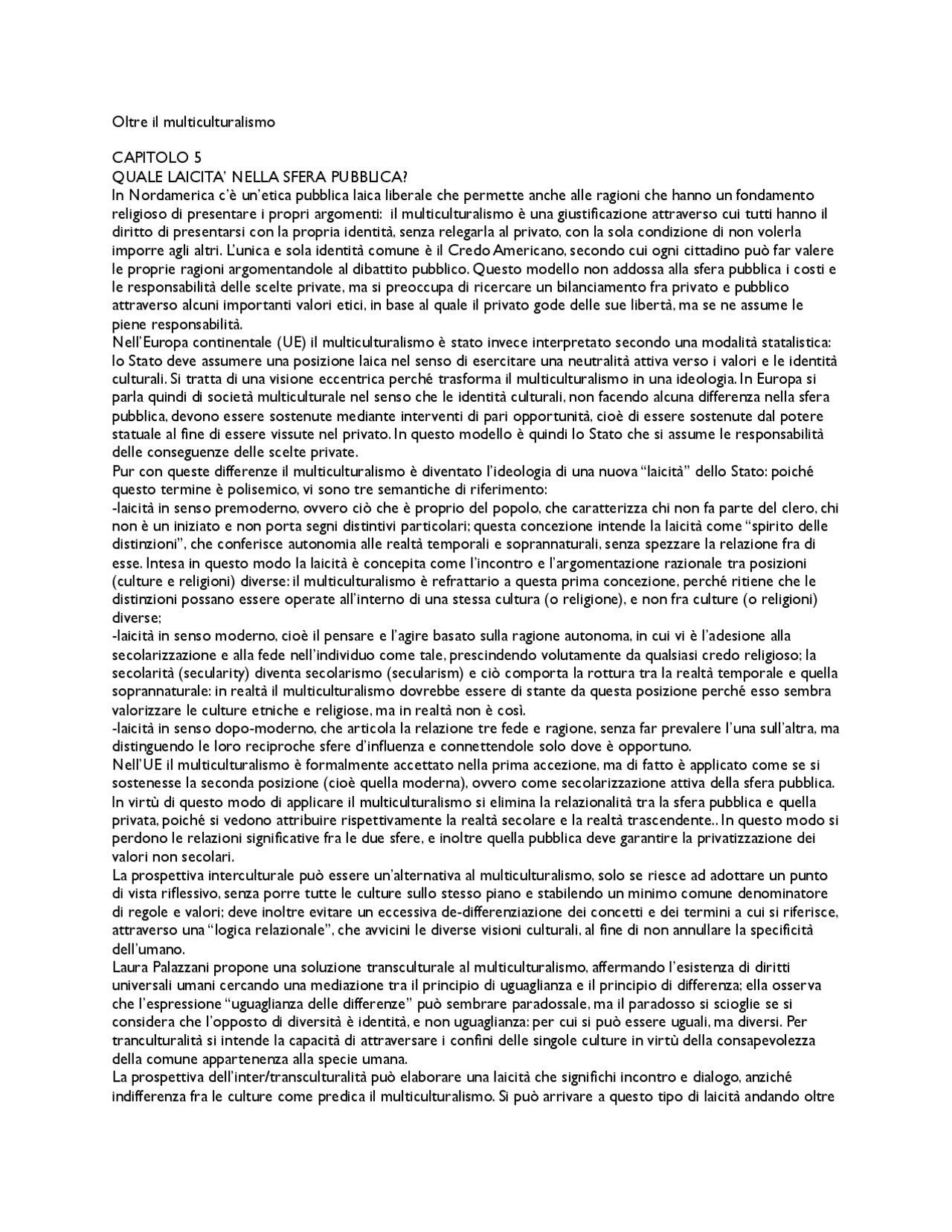 Oltre il multiculturalismo Parte 1 | Appunti di Sociologia Dei Processi Culturali - Docsity