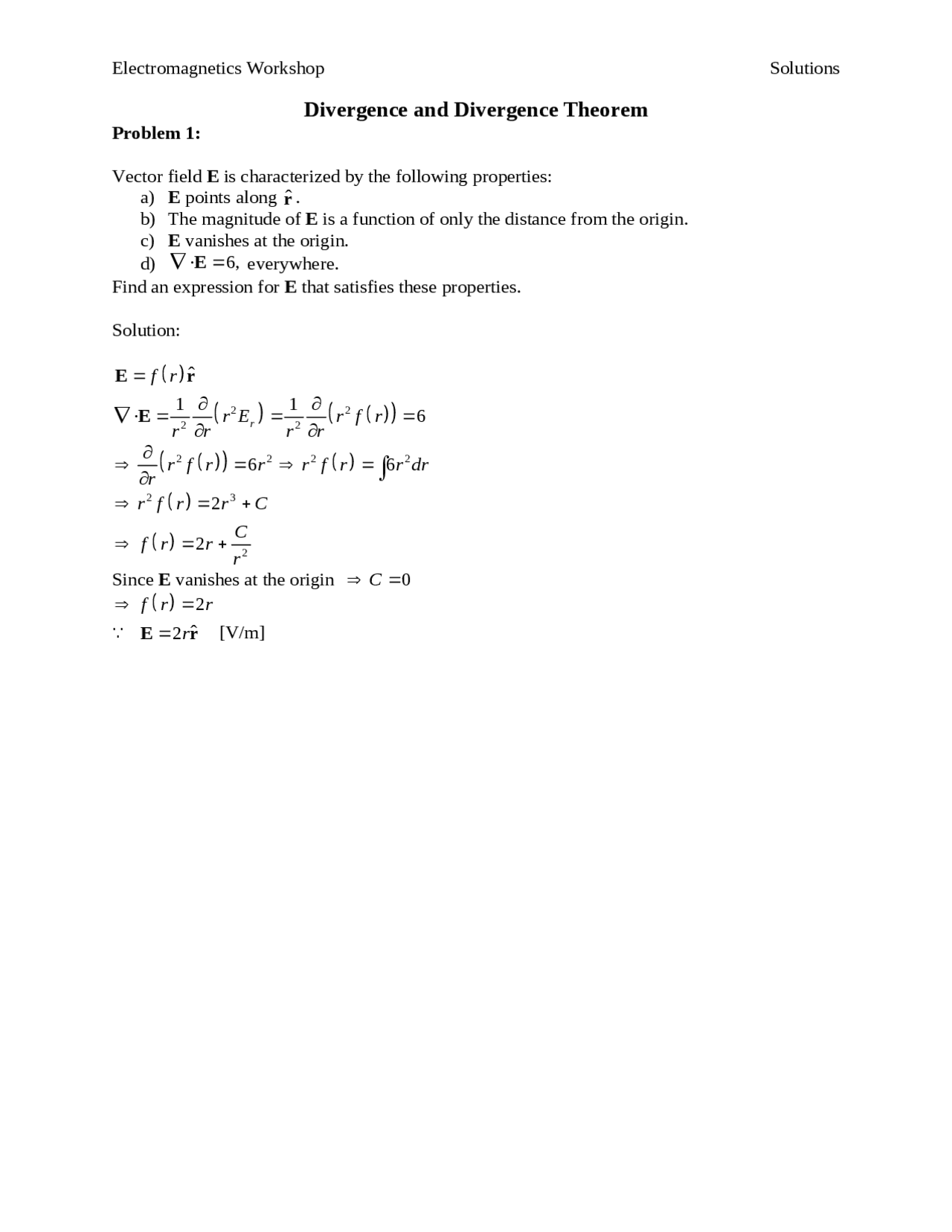 Divergence And Divergence Theorem Solved Workshop Ece 2317 Docsity