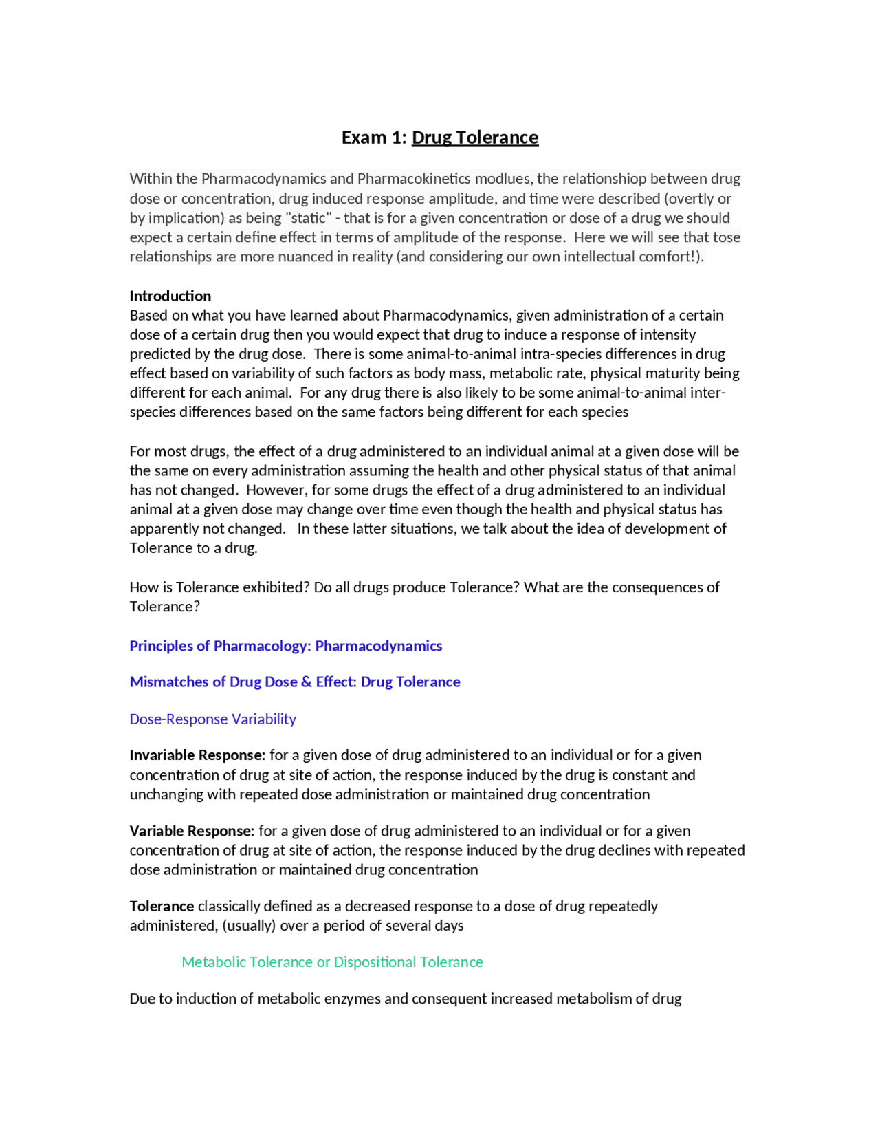 Drug Tolerance Pharmacodynamics - Human Pharmacology | PHM 350 - Docsity