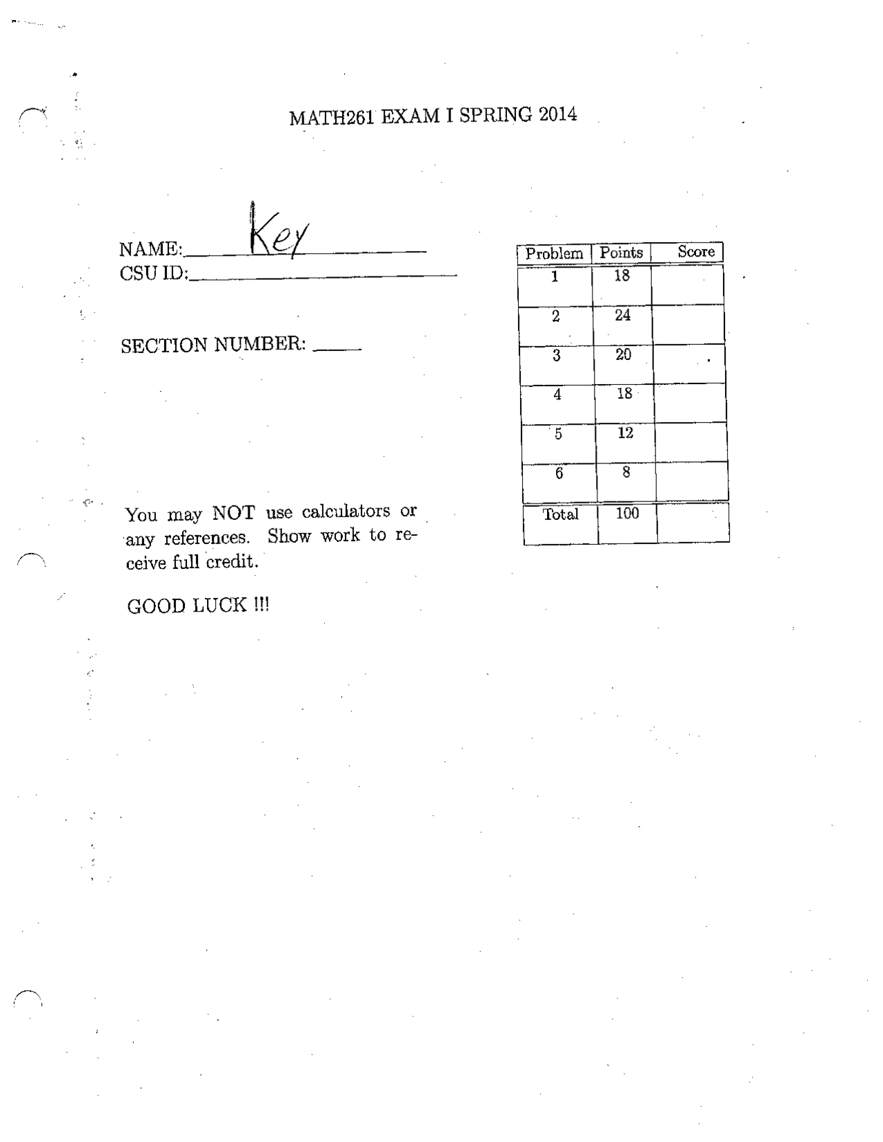 Solution of Exam1 - Calculus for Physical Scientists III - Spring 2014 ...