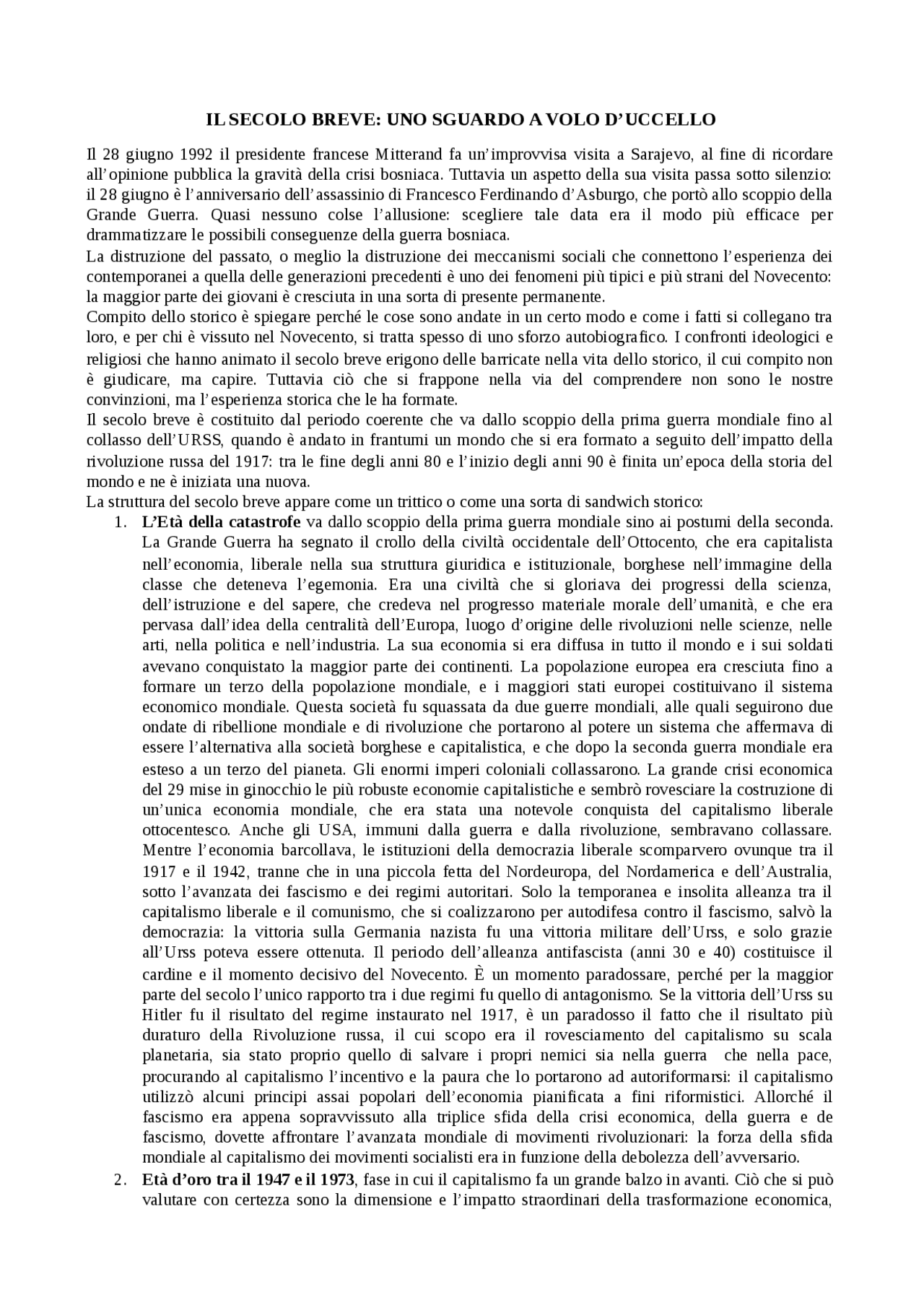Il secolo breve - Docsity