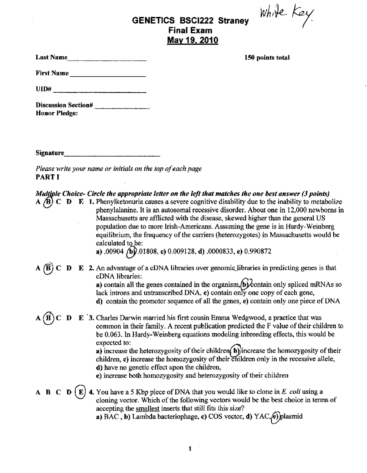Final Exam With Answer Principles Of Genetics Bsci 222 Docsity