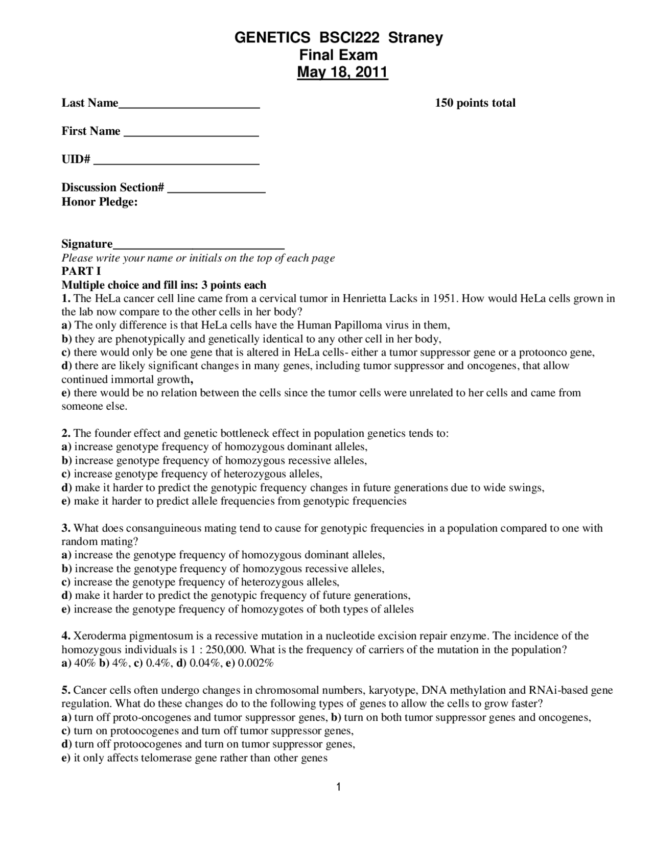 Final Exam With Multiple Choice Principle Genetics Bsci 222 Docsity