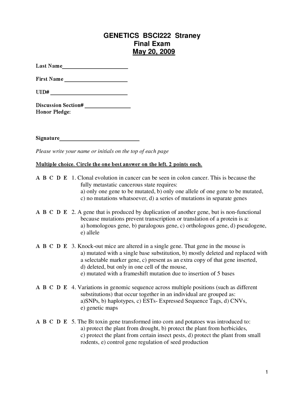 Final Exam With 34 Questions Principles Genetics Bsci 222 Exams