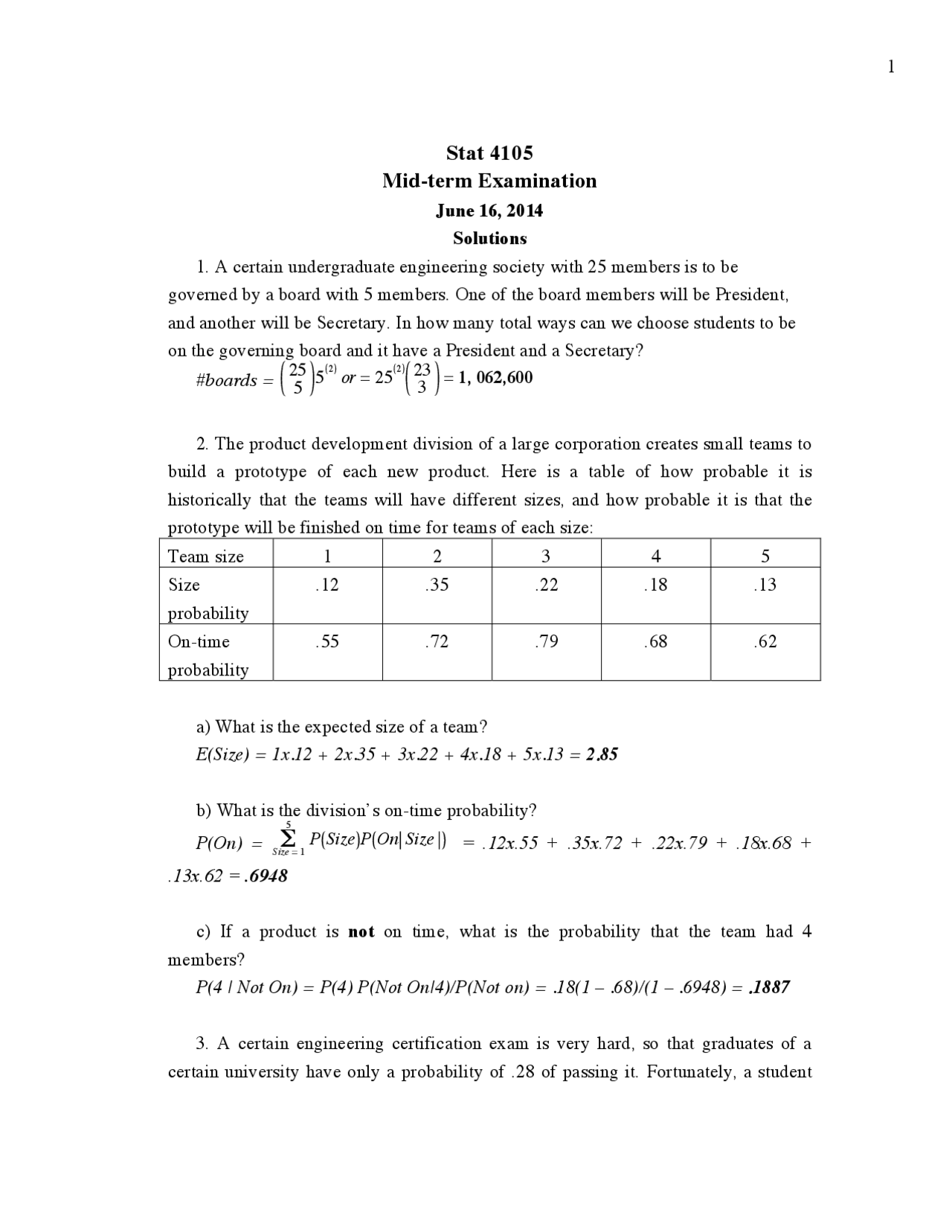 Midterm Exam Solved Theoretical Statistics Stat 4105 Docsity