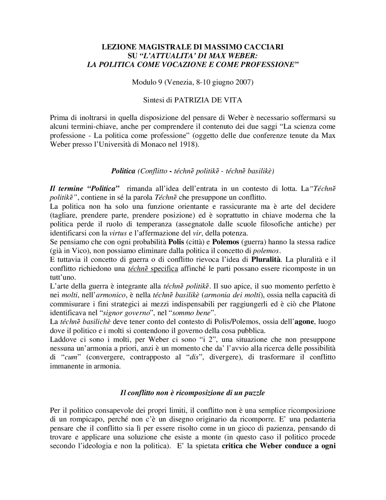 Sintesi Cacciari Weber Docsity
