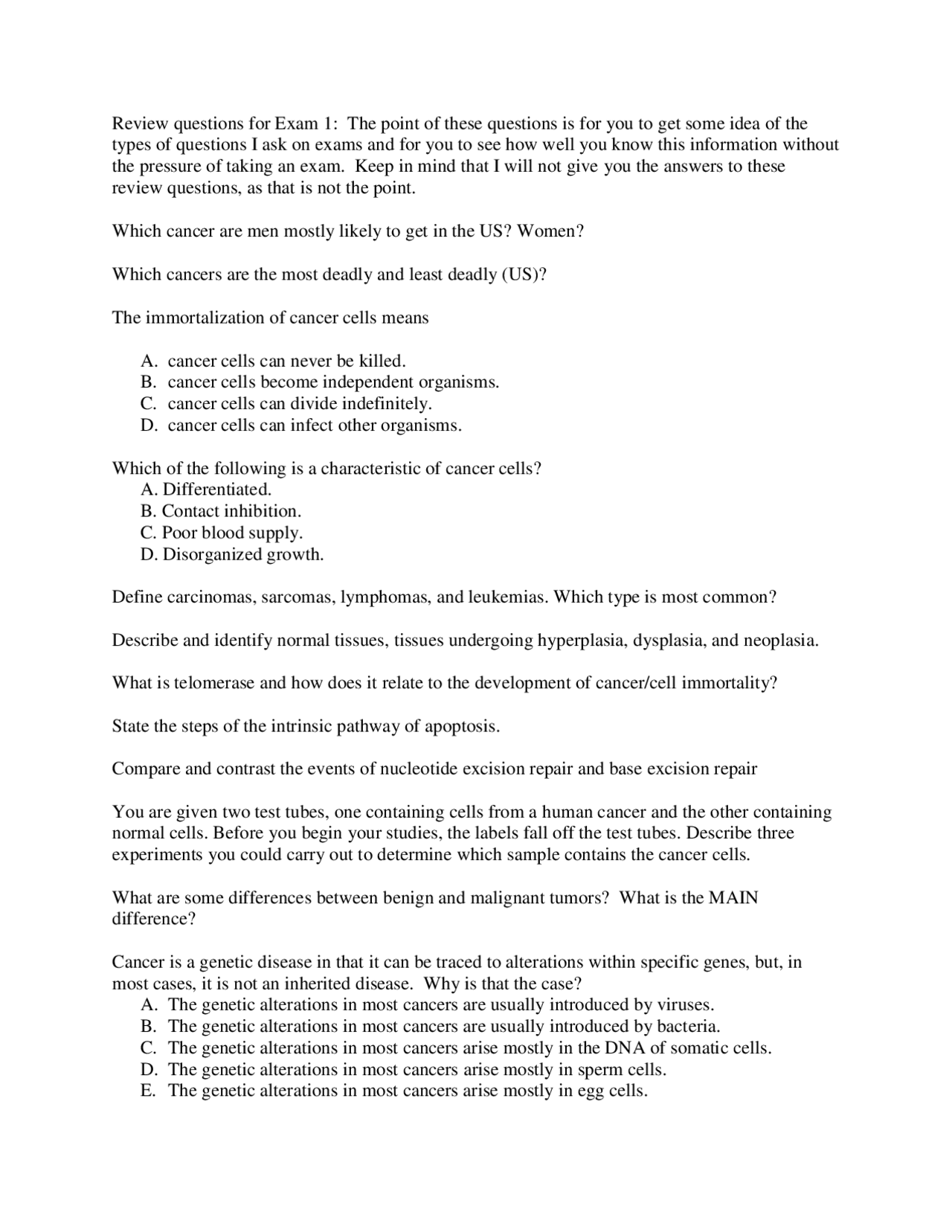 Exam 1 Review Questions - Biology of Cancer | BSCI 433 - Docsity