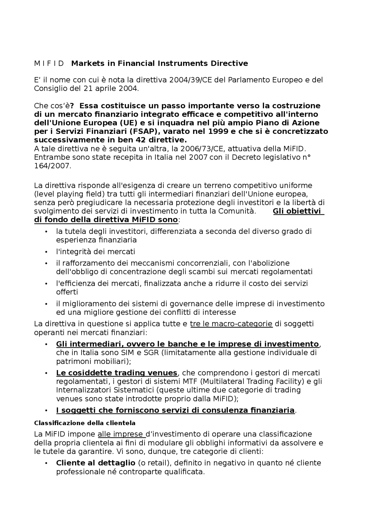 M I F I D Markets in Financial Instruments Directive - Docsity