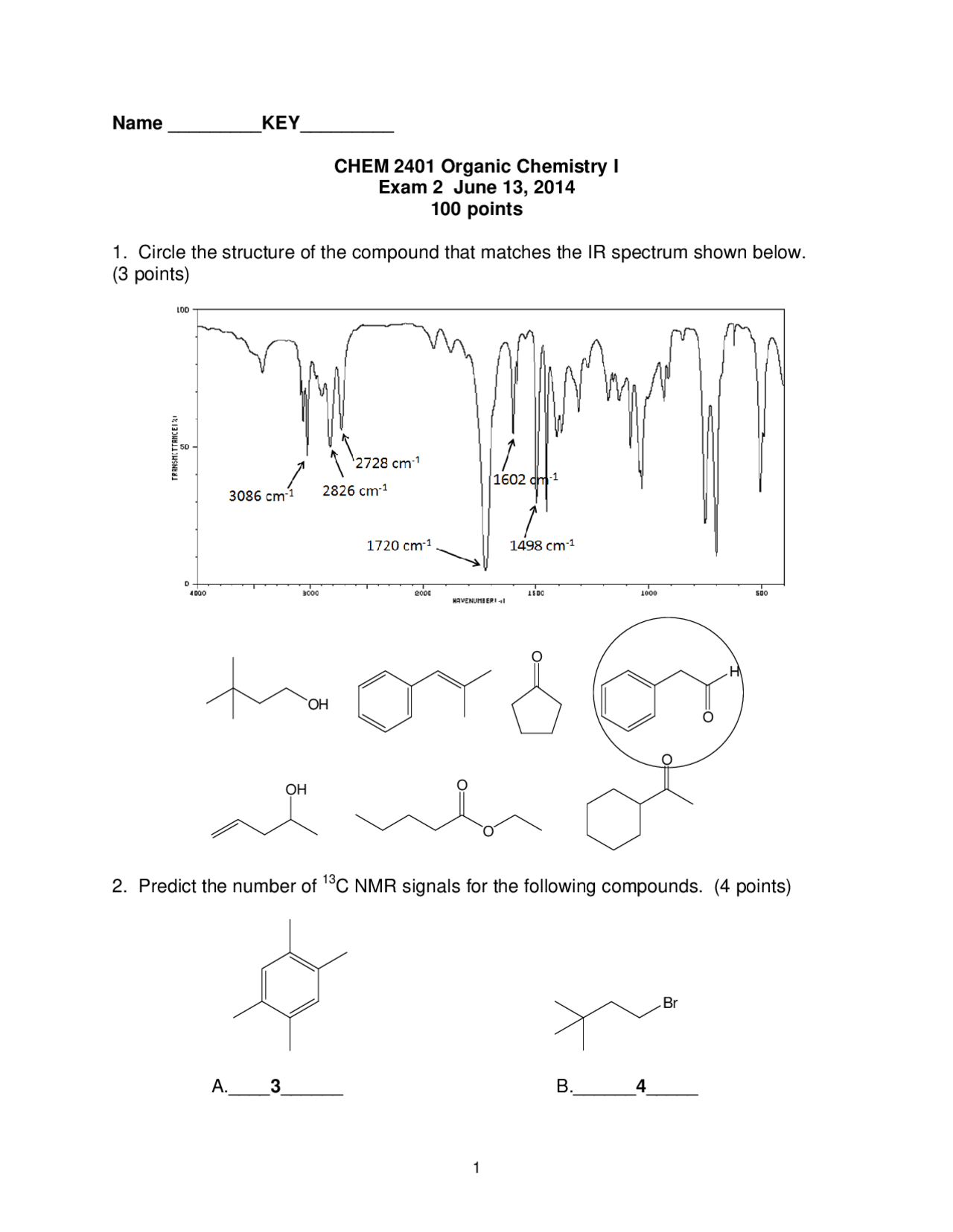 Answer Key for Exam 2 - Organic Chemistry I | CHEM 2401 - Docsity