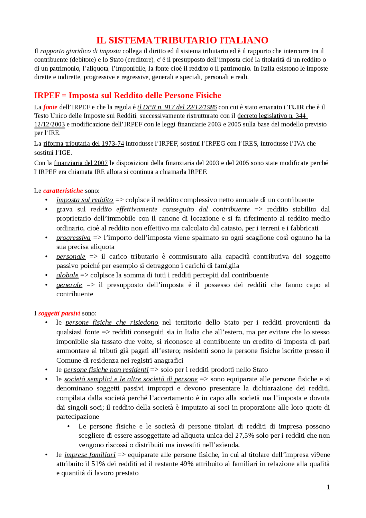 Sintesi Completa Con Concetti Chiave Di Diritto Tributario Docsity