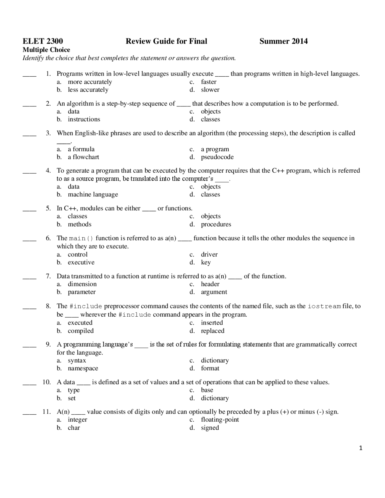 Review Guide for Final - Introduction to C++ Programming | ELET 2300 ...